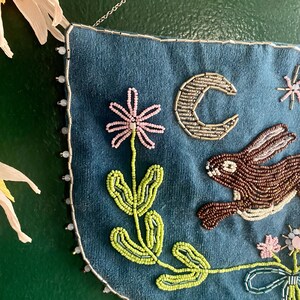 Hand Embroidered Beaded Velvet Tapestry, Rabbit Moon Cottage Decor - Etsy