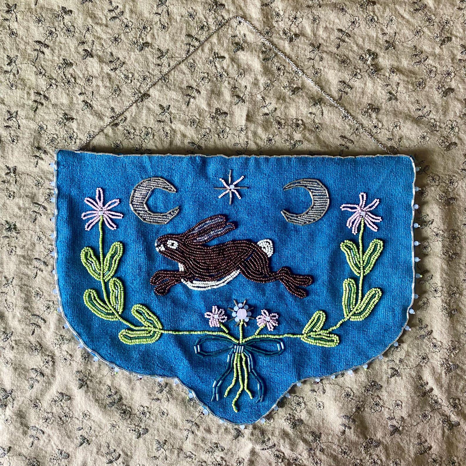 Hand Embroidered Beaded Velvet Tapestry, Rabbit Moon Cottage Decor - Etsy