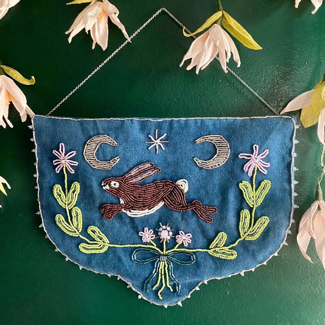 Beaded Blue Velvet Tapestry Hand Embroidered Sign With Seed Beads Wall ...