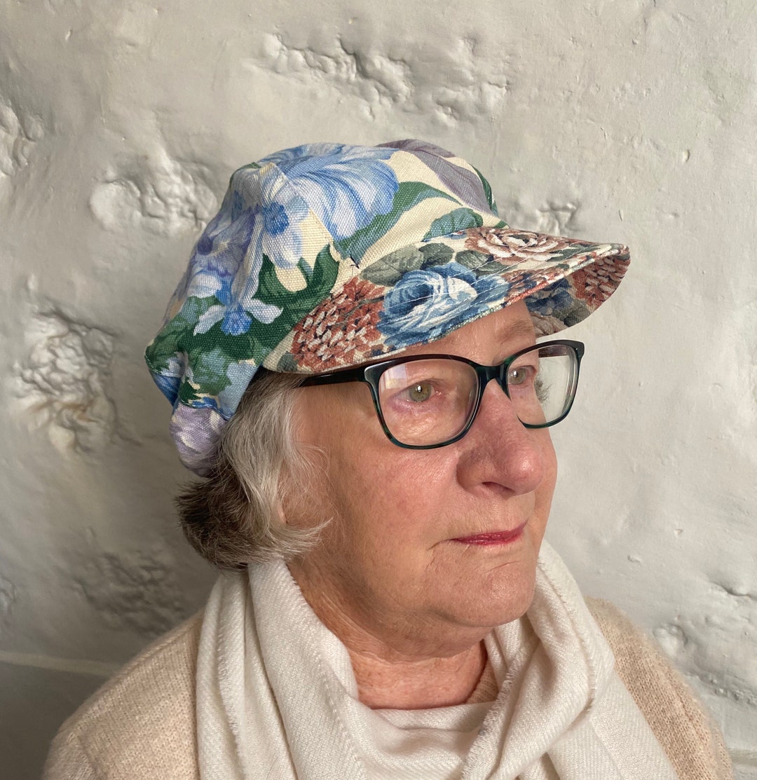 Womens Floral Linen Newsboy Cap Blues, Mauve Floral Slouchy Cap, Lined ...