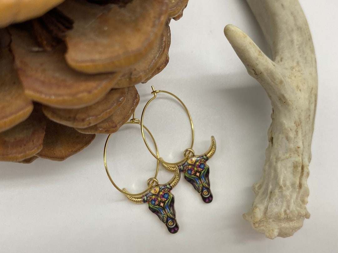 Western Bull Hoops, 3 Patterns, Cow Skull Earrings, Bone Earrings ...