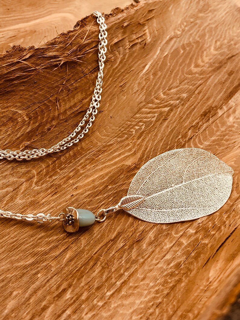 Real Leaf Necklace with Amazonite Electroplated Leaf Long | Etsy