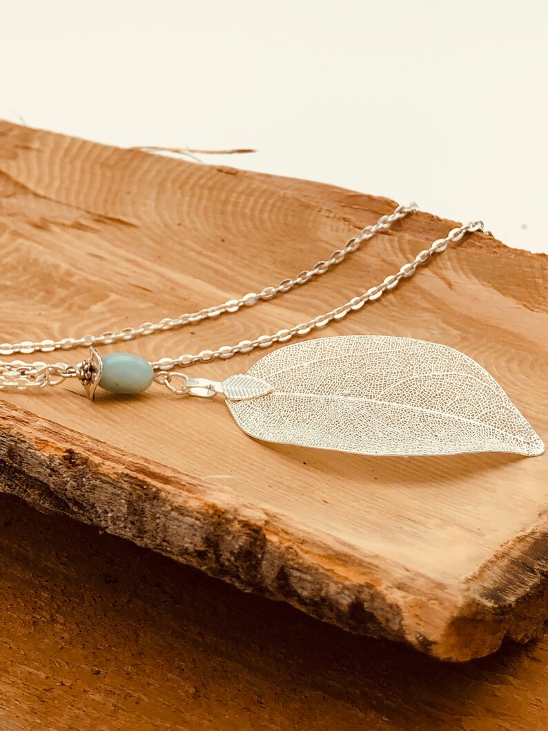 Real Leaf Necklace with Amazonite Electroplated Leaf Long | Etsy