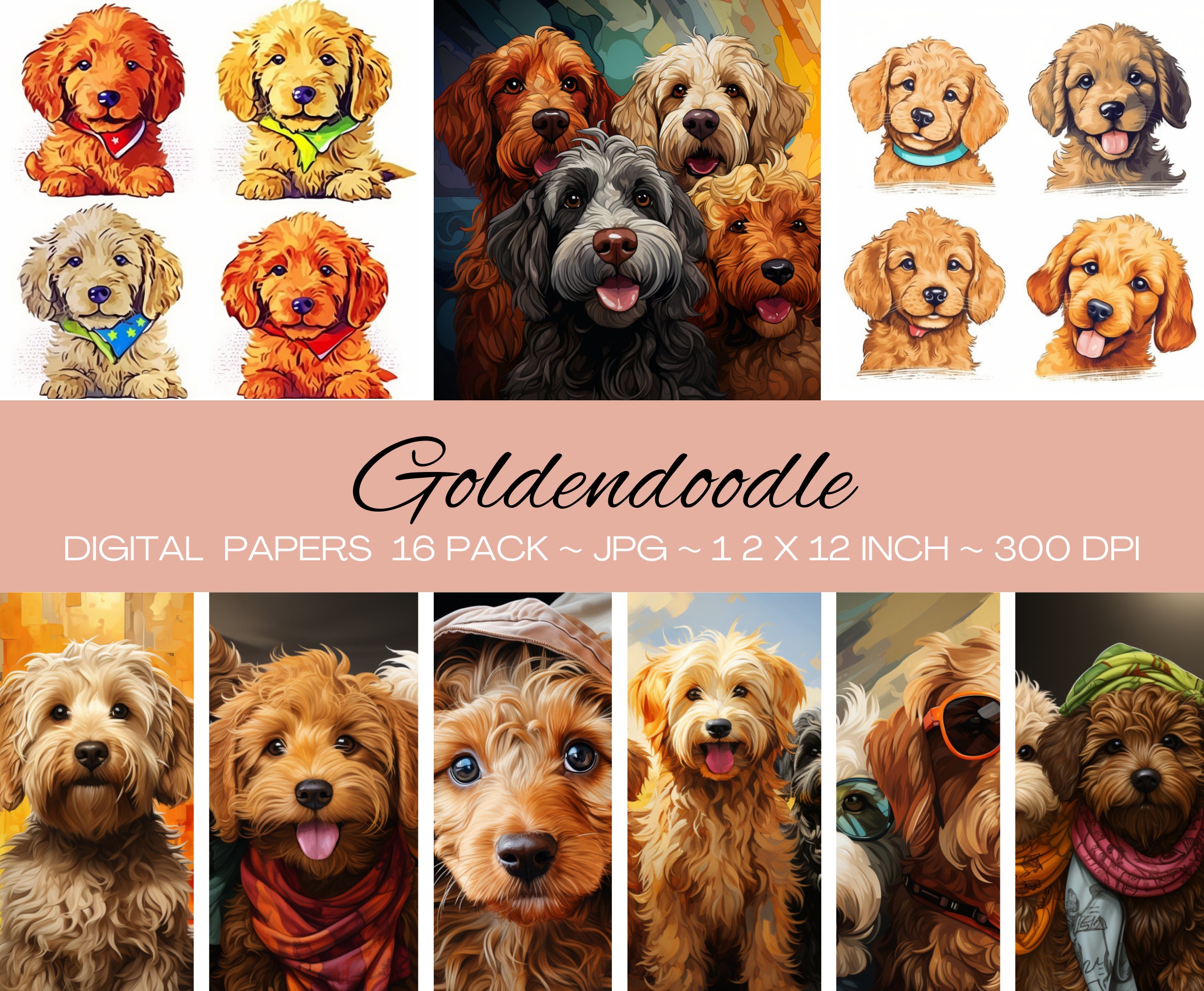 16pack Goldendoodle/digital Printable Image/digital Paper/instant ...