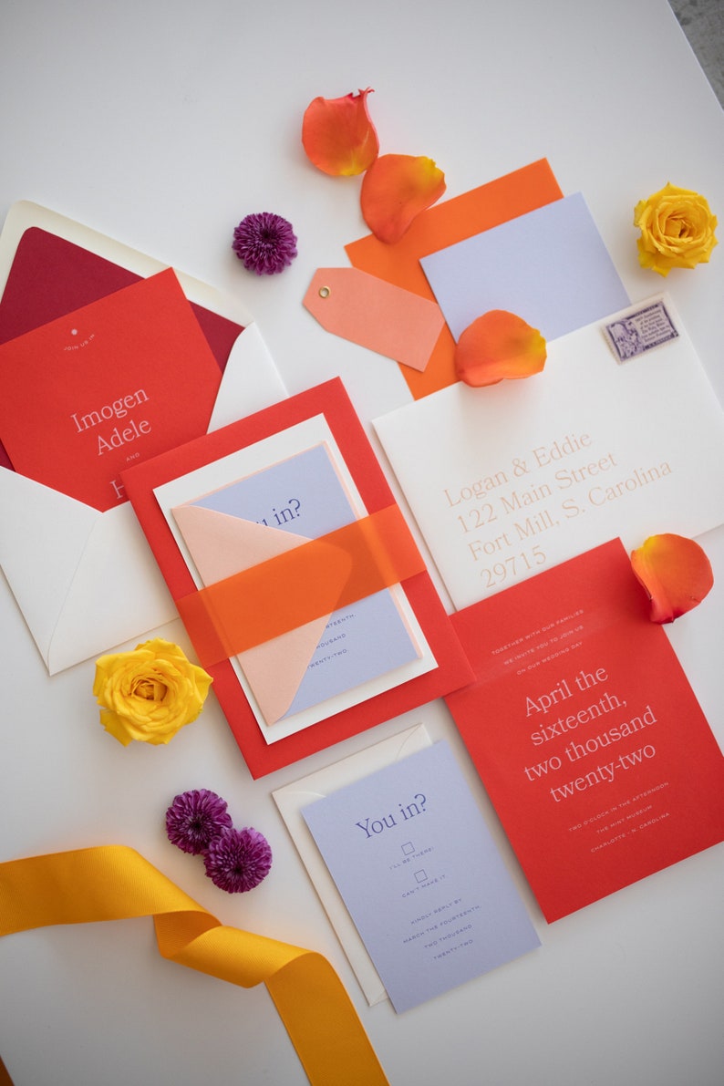 Modern Wedding Invitations Red and Lilac Wedding Invitations - Etsy