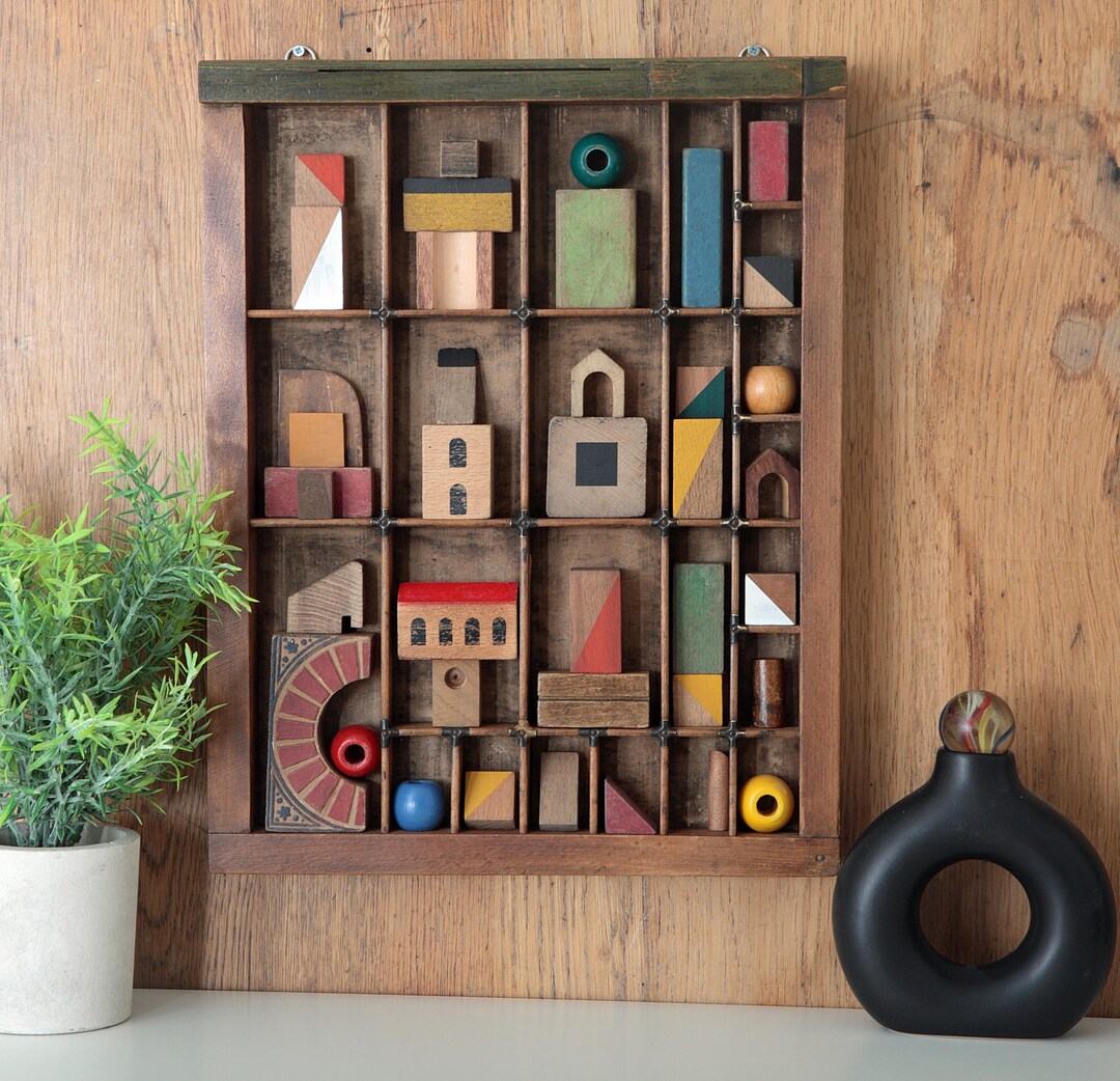 Decorative Artwork of Vintage Treen Wooden Blocks & Shapes in Antique ...