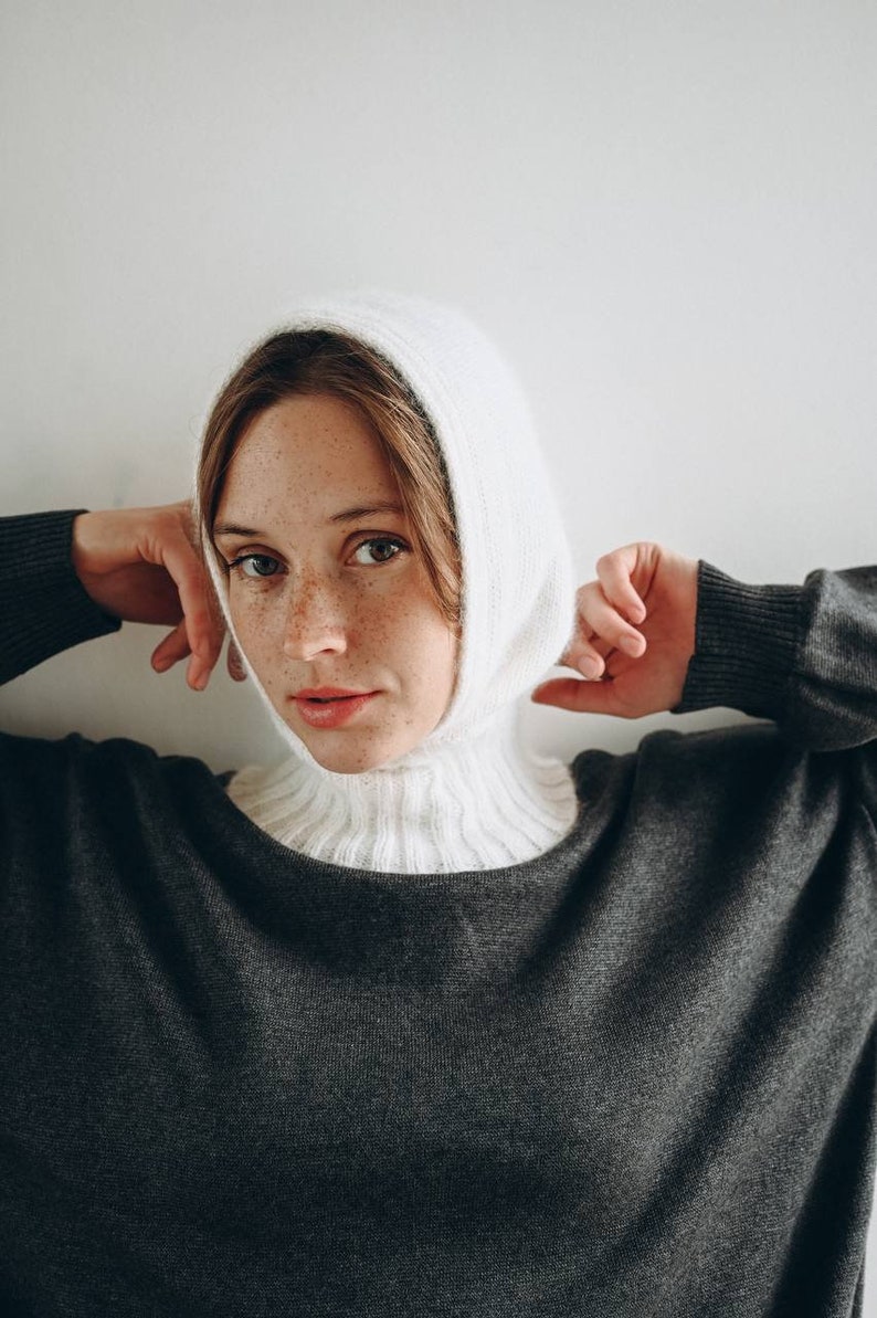 Handmade Angora Hood for Women, White Winter Hood Accessory, Black ...