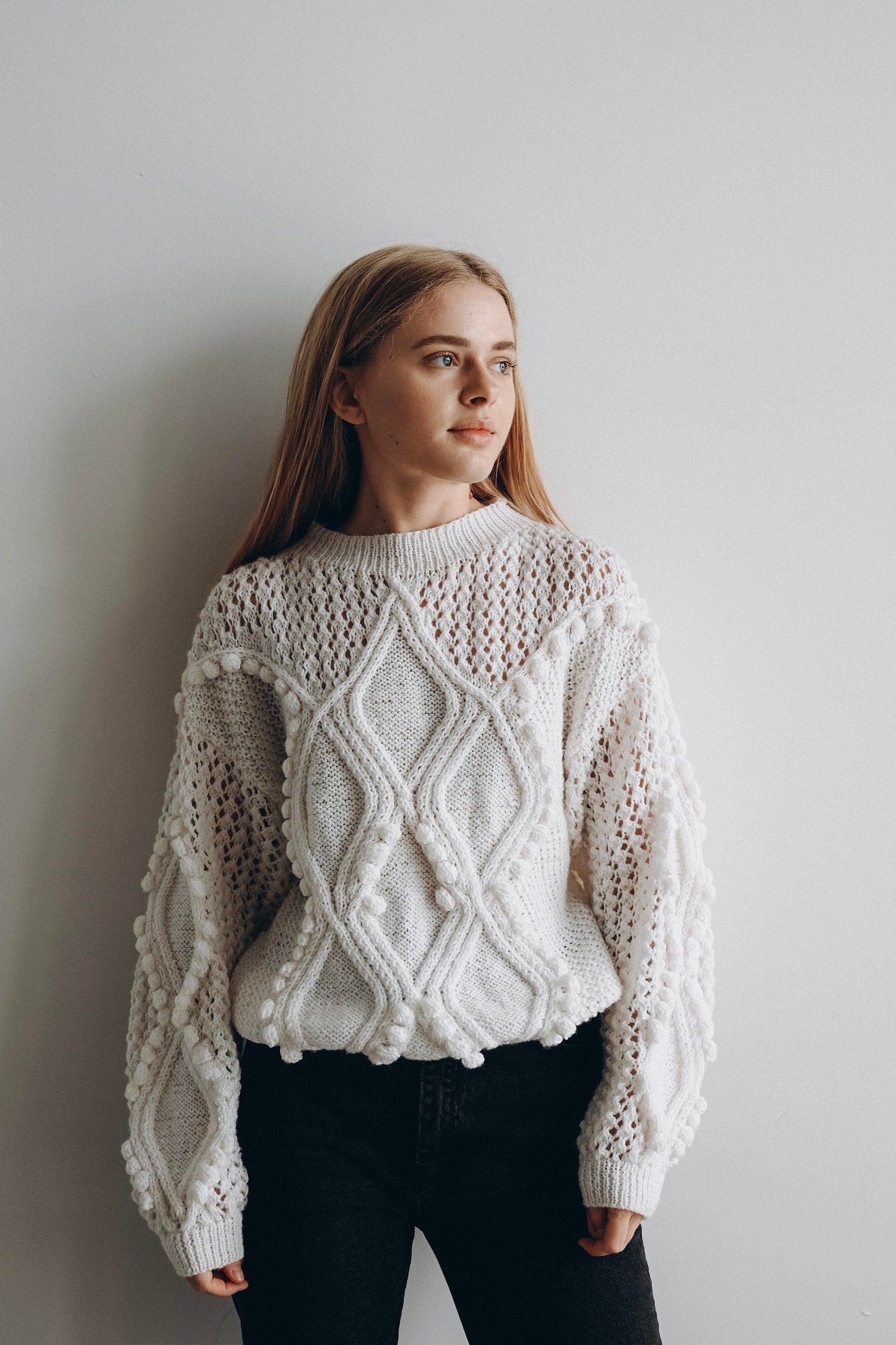 Textured Multiple Patterns Knitted Sweater for Women, Round Neck Wool ...