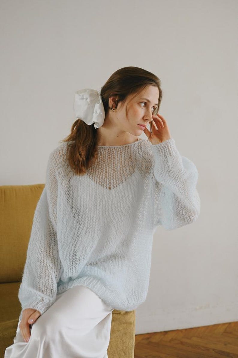 Light Sky Blue Mohair Silk Jumper for Ladies, Soft Mohair Warm Sweater ...