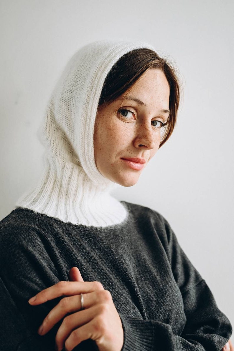 Handmade Angora Hood for Women, White Winter Hood Accessory, Black ...