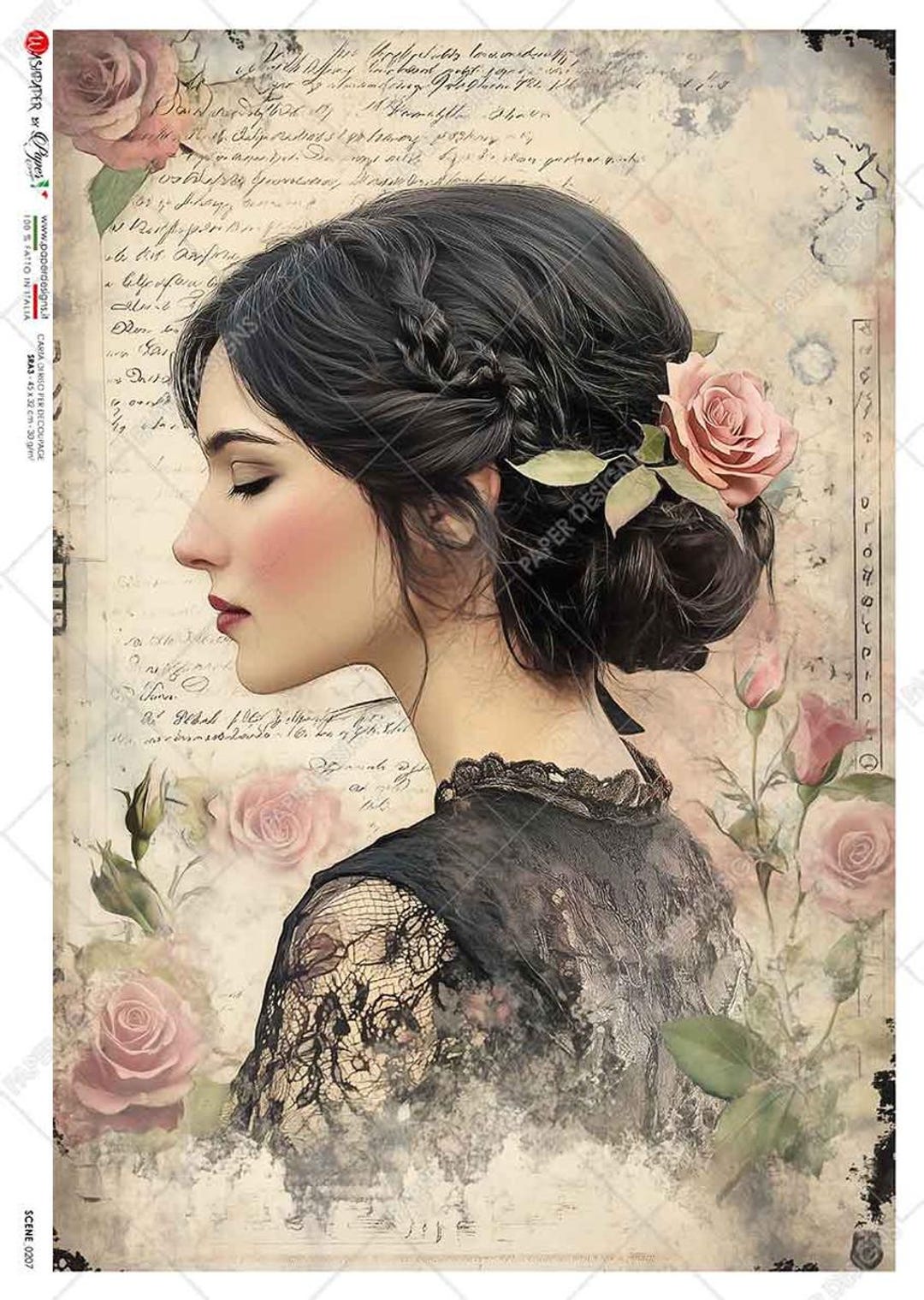 Paper Designs Vintage Portrait and Letter III Rice Paper - Furniture ...