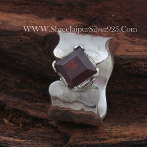 Wave Hammered Band Red Garnet Squire Cut Solid 925 Sterling Silver Ring ...