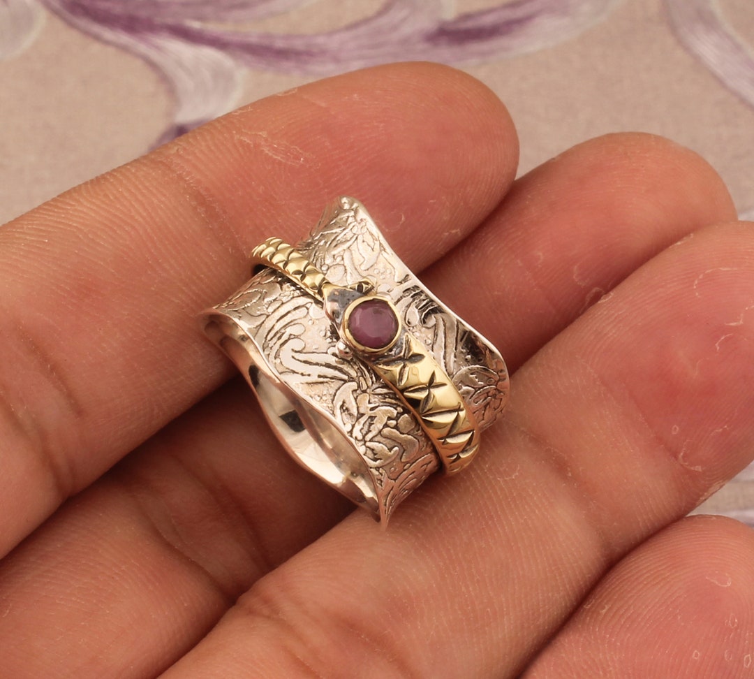 925 Sterling Silver Ruby Gemstone Spinner Ring, Designer Handmade Gemstone Silver Ring, Women ...