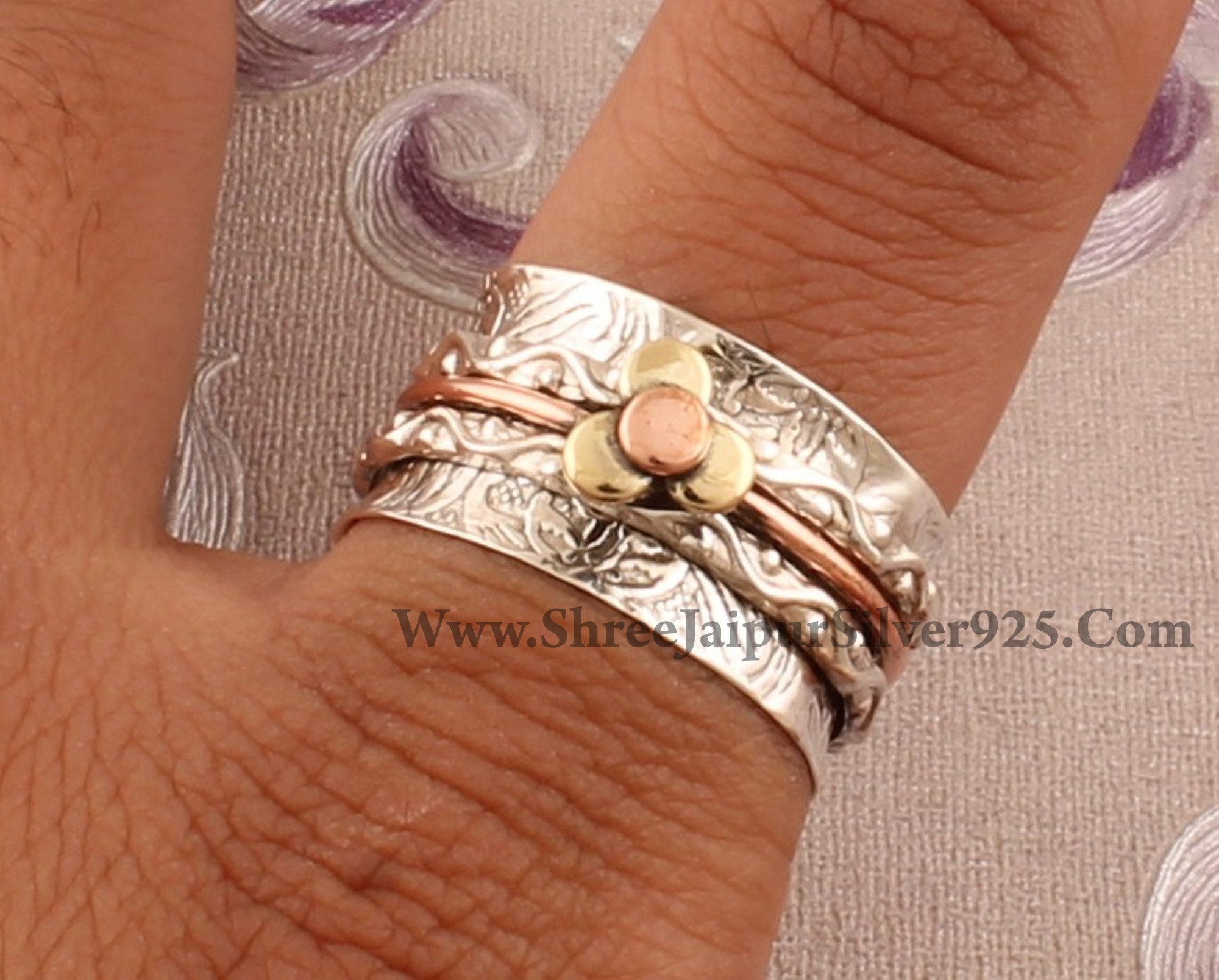 Hand Carved Band Three Tone Spinner Ring 925 Sterling Silver | Etsy