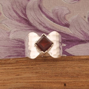 Wave Hammered Band Red Garnet Squire Cut Solid 925 Sterling Silver Ring ...