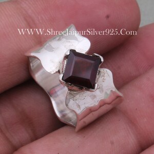 Wave Hammered Band Red Garnet Squire Cut Solid 925 Sterling Silver Ring ...