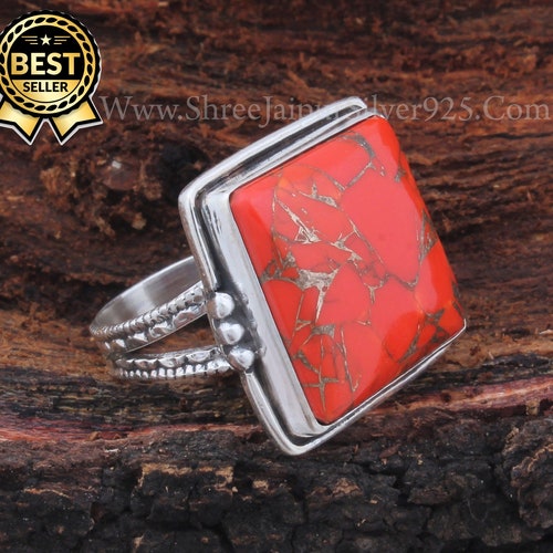 Orange Copper Turquoise Squire Shape Gemstone Silver Ring 925 - Etsy