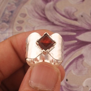 Wave Hammered Band Red Garnet Squire Cut Solid 925 Sterling Silver Ring ...