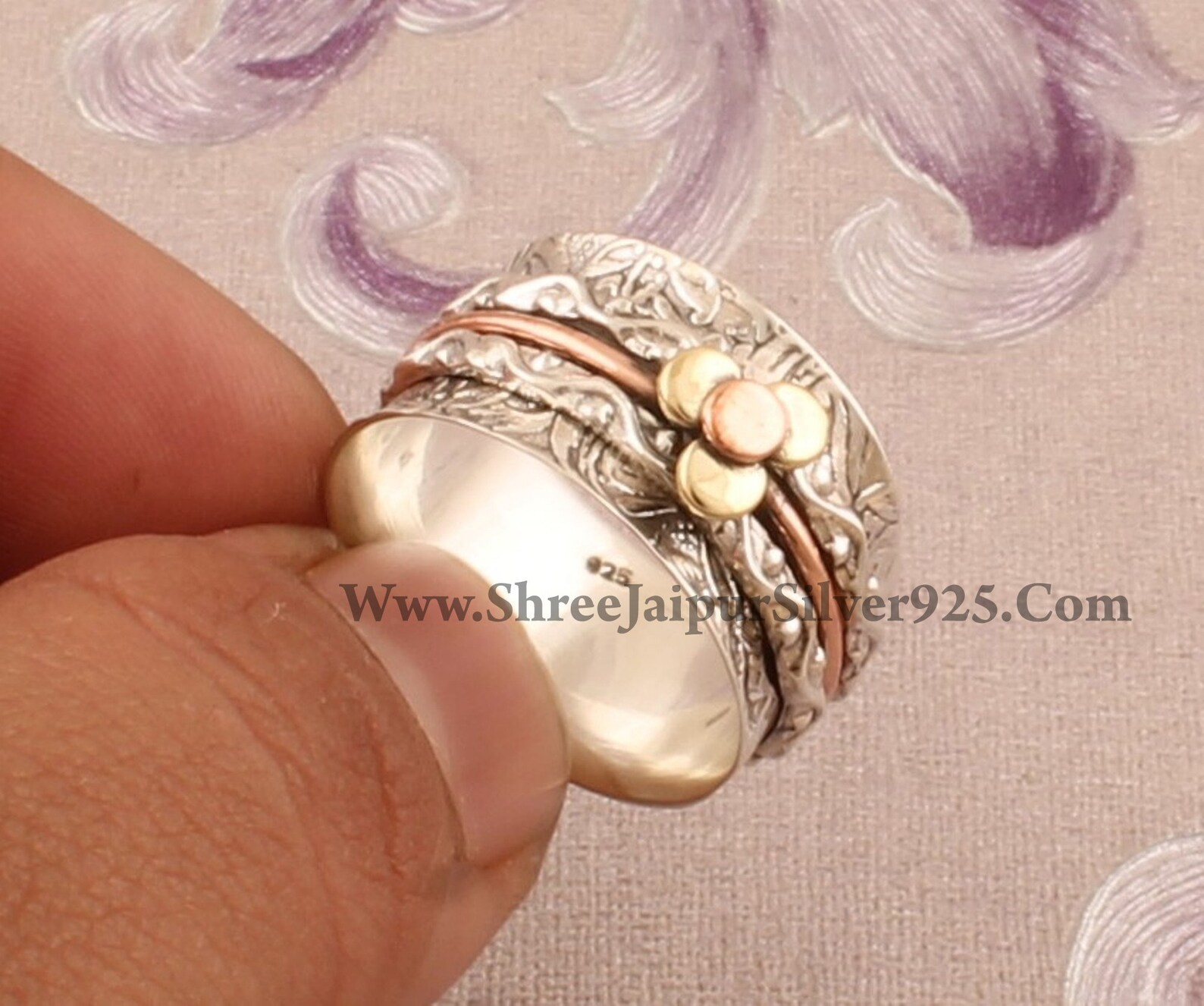 Hand Carved Band Three Tone Spinner Ring 925 Sterling Silver | Etsy