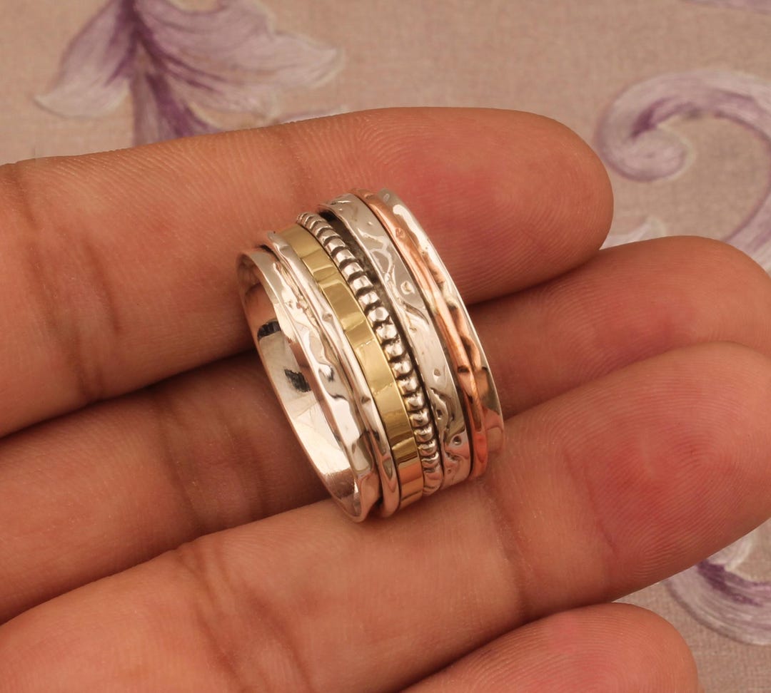 Silver Spinner Ring, Boho Hammered 925 Sterling Silver Designer Spinner ...
