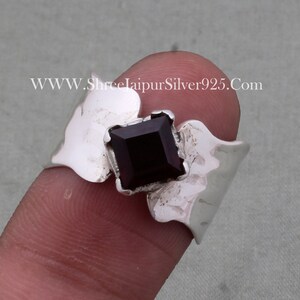 Wave Hammered Band Red Garnet Squire Cut Solid 925 Sterling Silver Ring ...