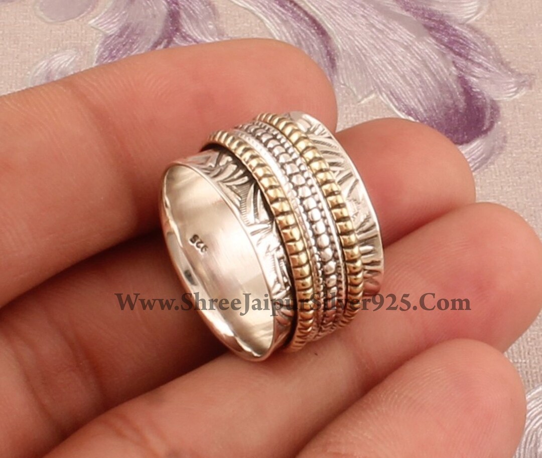 Designer Spin Band Two Tone Spinner Ring, 925 Sterling Silver & Brass ...