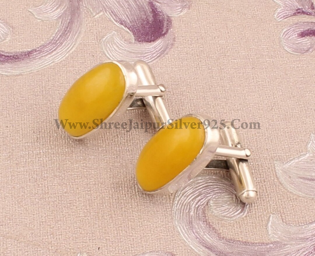 Men's Cufflink, Yellow Jade Cufflink, 925 Sterling Silver Cufflink ...