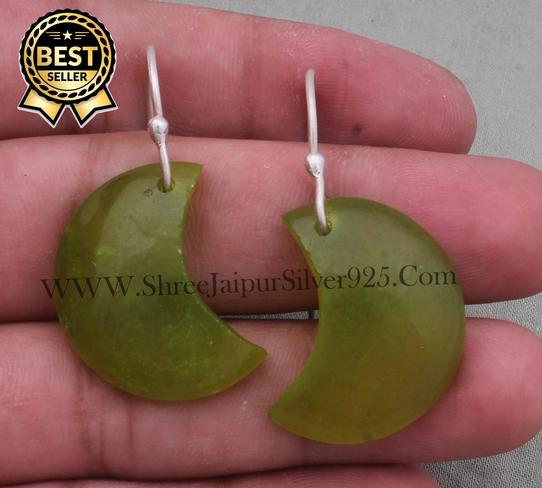 Green Jade Half Moon Stone Solid 925 Sterling Silver Earrings - Etsy