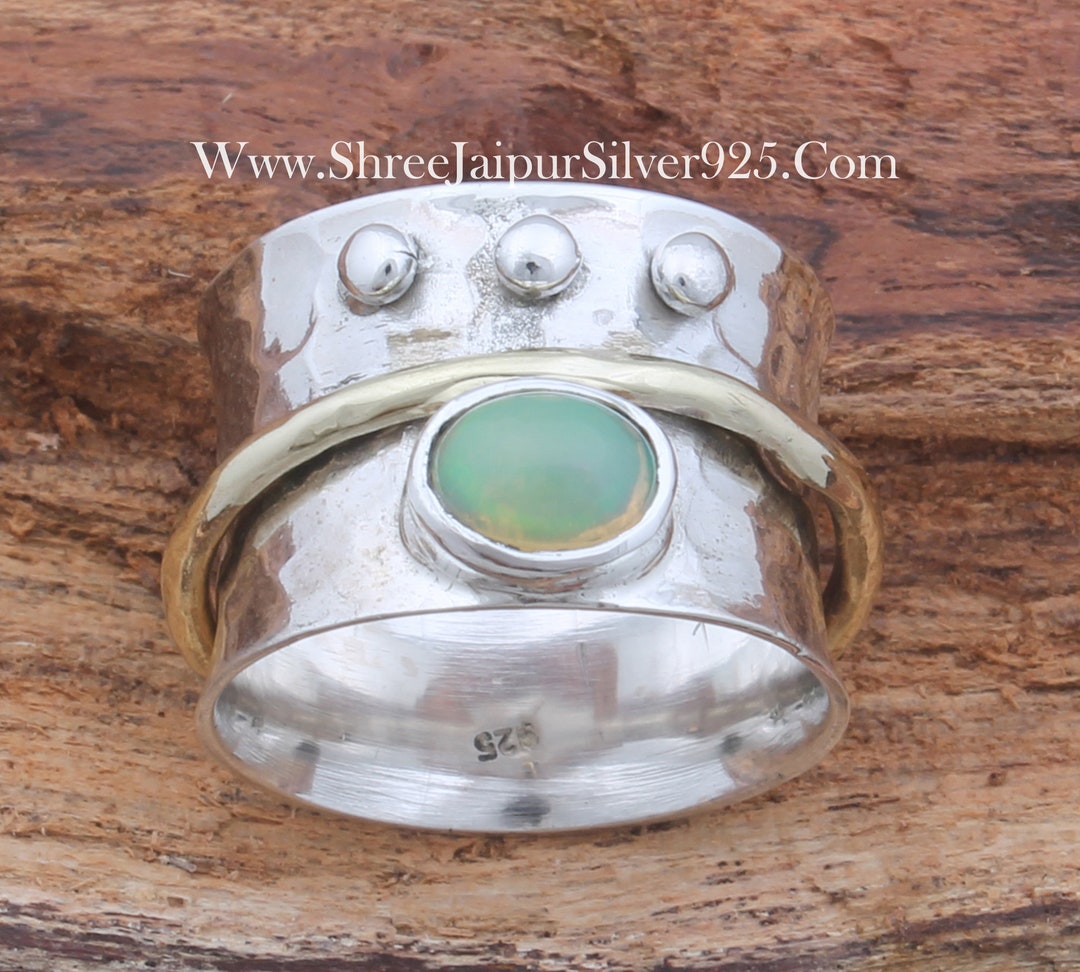 Hammered Sterling Silver Opal Spinner Ring - Two Tone Fidget Band - Etsy
