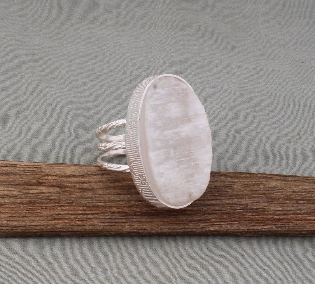 Selenite Gemstone Ring: Oval Stone, 925 Sterling Silver, Handmade ...