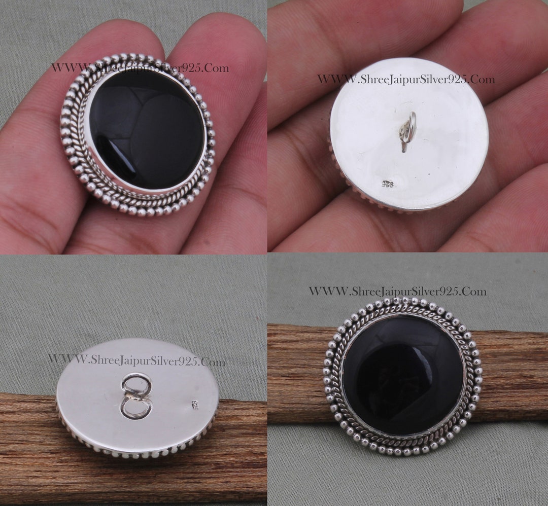 Button Black Onyx Gemstone, Artisan Jewelry, Handmade Gemstone Silver Button, Black Onyx ...