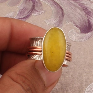 925 Sterling Silver & Brass Yellow Jade Oval Gemstone Spinner Ring ...