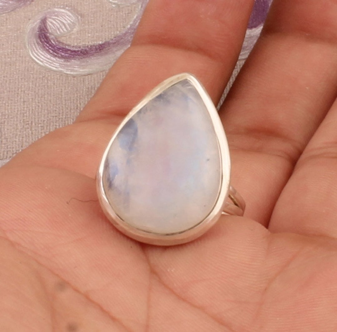 Rainbow Moonstone Pear Shape Gemstone Ring, 925 Sterling Silver ...