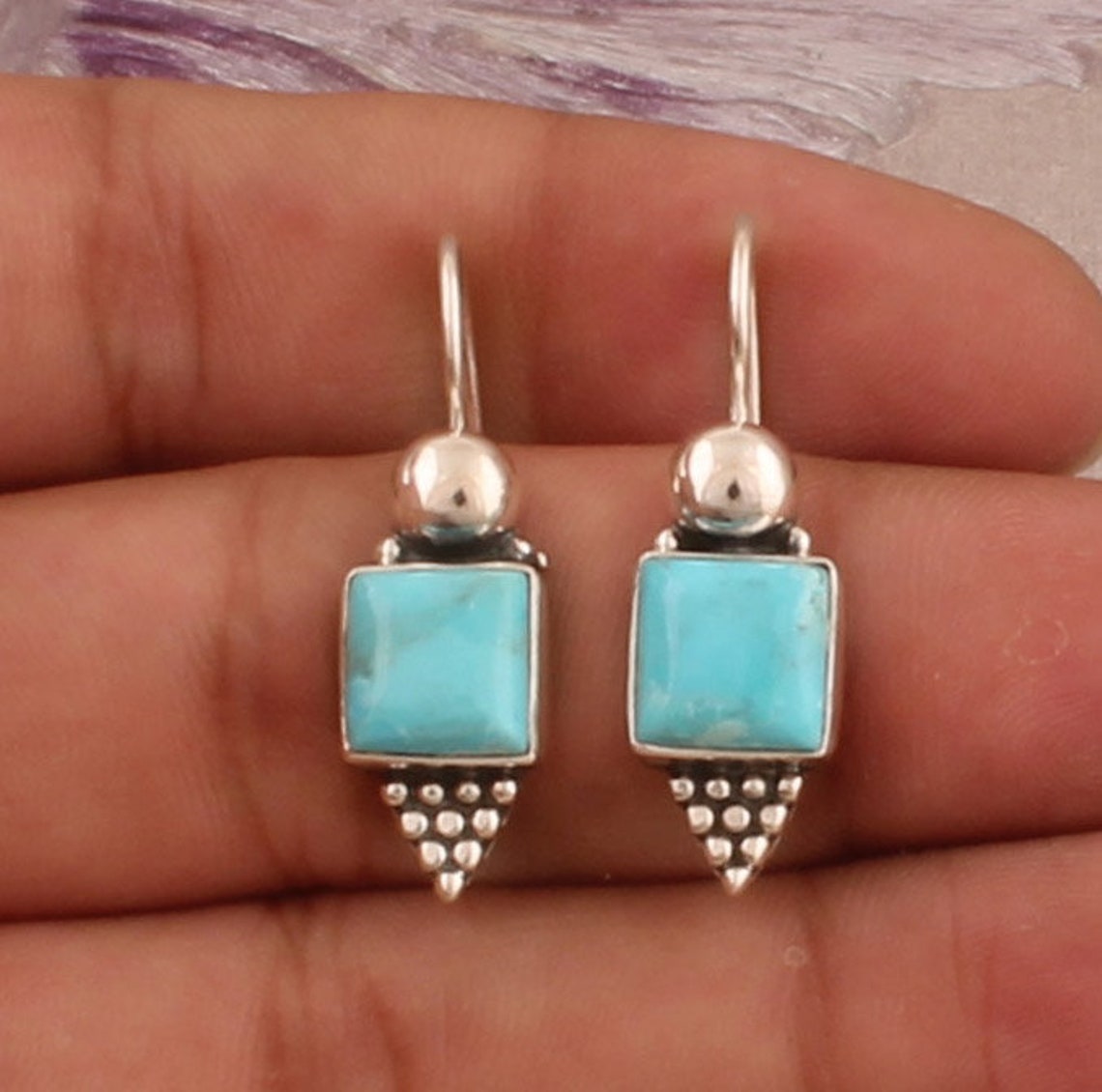 Sterling Silver Square Gemstone Earrings: Handmade Dotted Silver Design ...