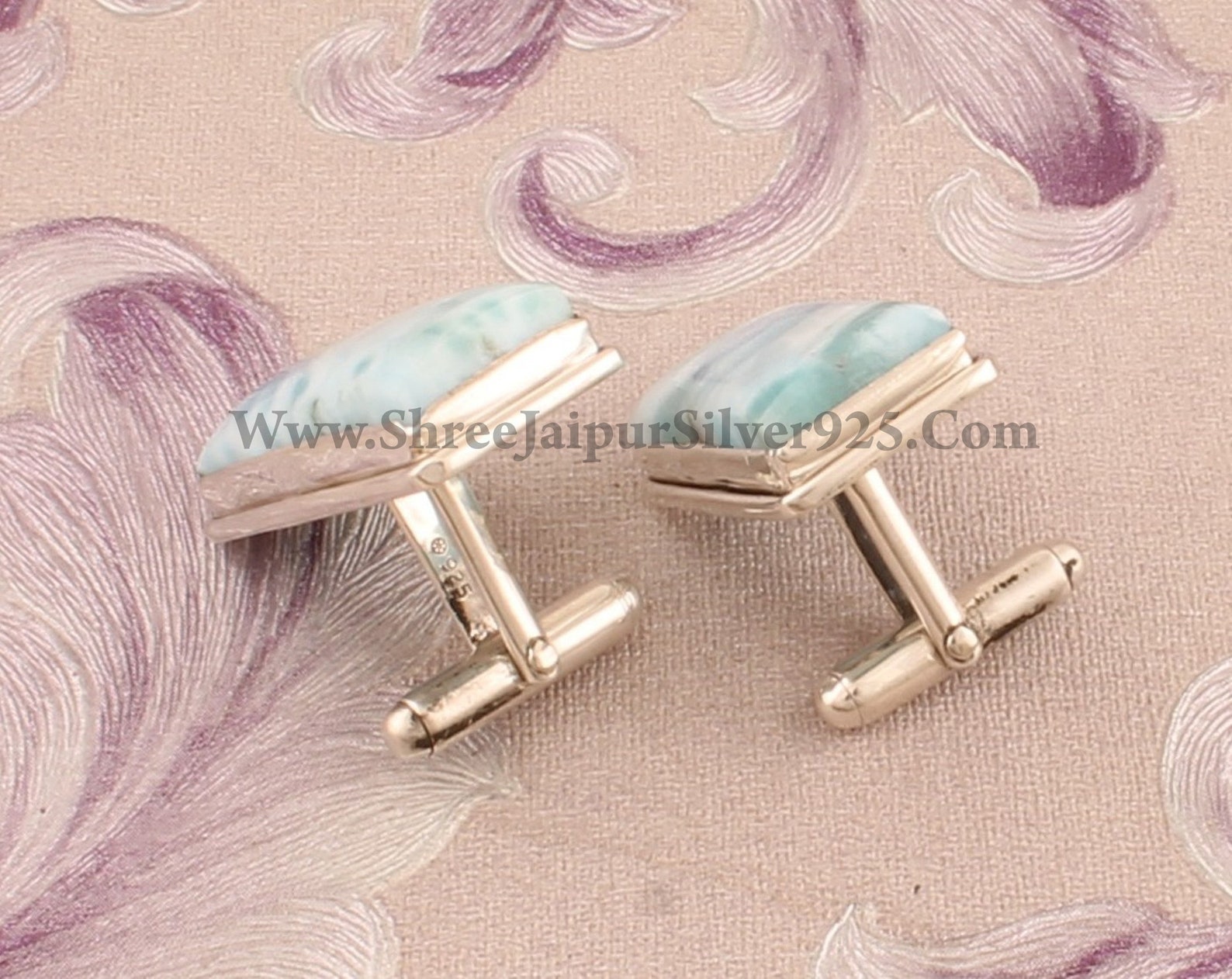 Natural Larimar Silver Cufflink, Men's Jewelry 925 Sterling Silver Cufflink, Bar Gemstone ...