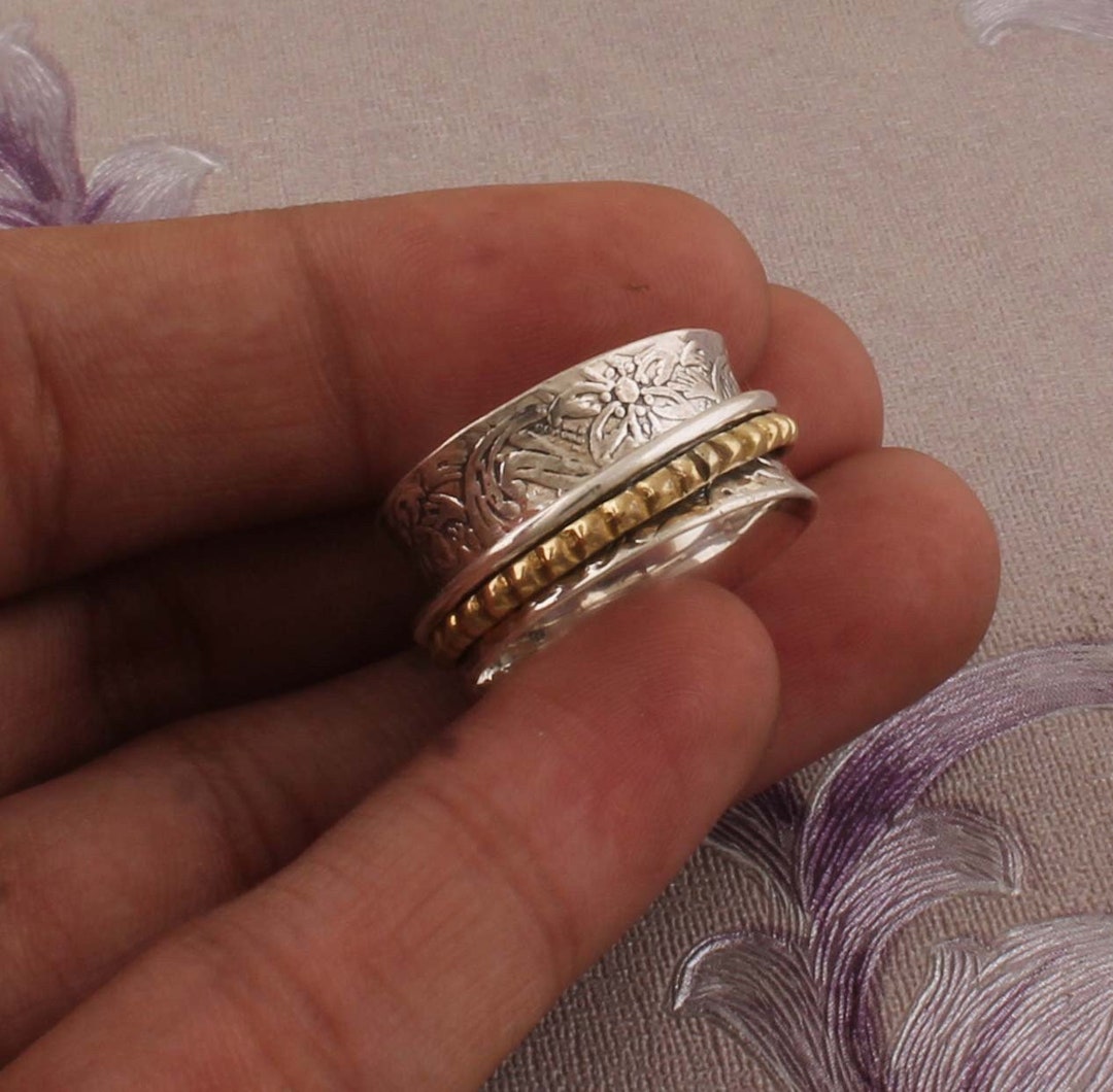 Two Tone Ring 925-sterling Silver Ring,spinner Ring,ring,brass With ...