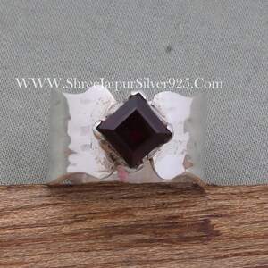 Wave Hammered Band Red Garnet Squire Cut Solid 925 Sterling Silver Ring ...