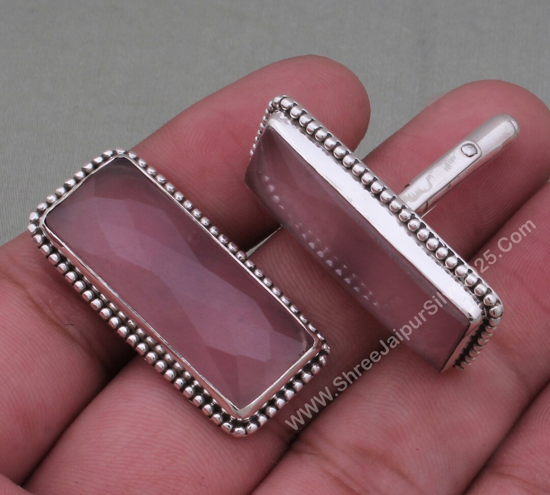 Rose Quartz Silver Cufflink, Men's Jewelry 925 Sterling Silver Cufflink ...