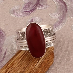 Buy 925 Sterling Silver Red Jade Oval Gemstone Spinner Ring, Handmade Carved Textured Meditation ...