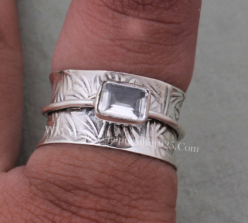 Natural Crystal Silver Spinner Ring Engraved 925 Sterling - Etsy