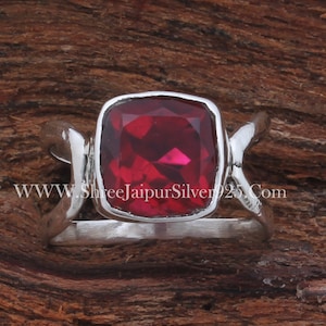 Two Layer Band Ring 925 Sterling Silver Ruby Lite Quartz Cushion Shape ...