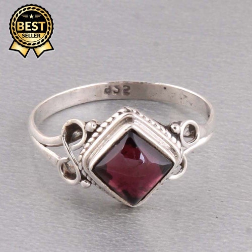 Red Garnet Gemstone Square Stone Silver Ring 925 Sterling - Etsy