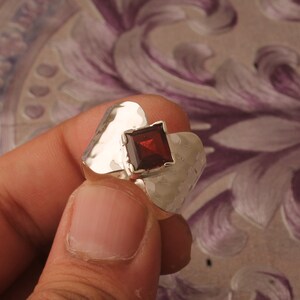 Wave Hammered Band Red Garnet Squire Cut Solid 925 Sterling Silver Ring ...