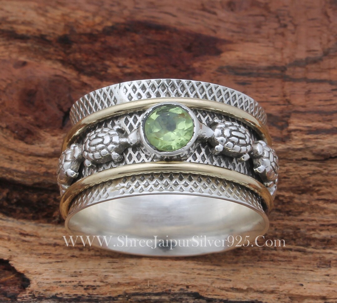Peridot Turtle Textured Spinner Ring 925 Sterling Silver & Brass ...