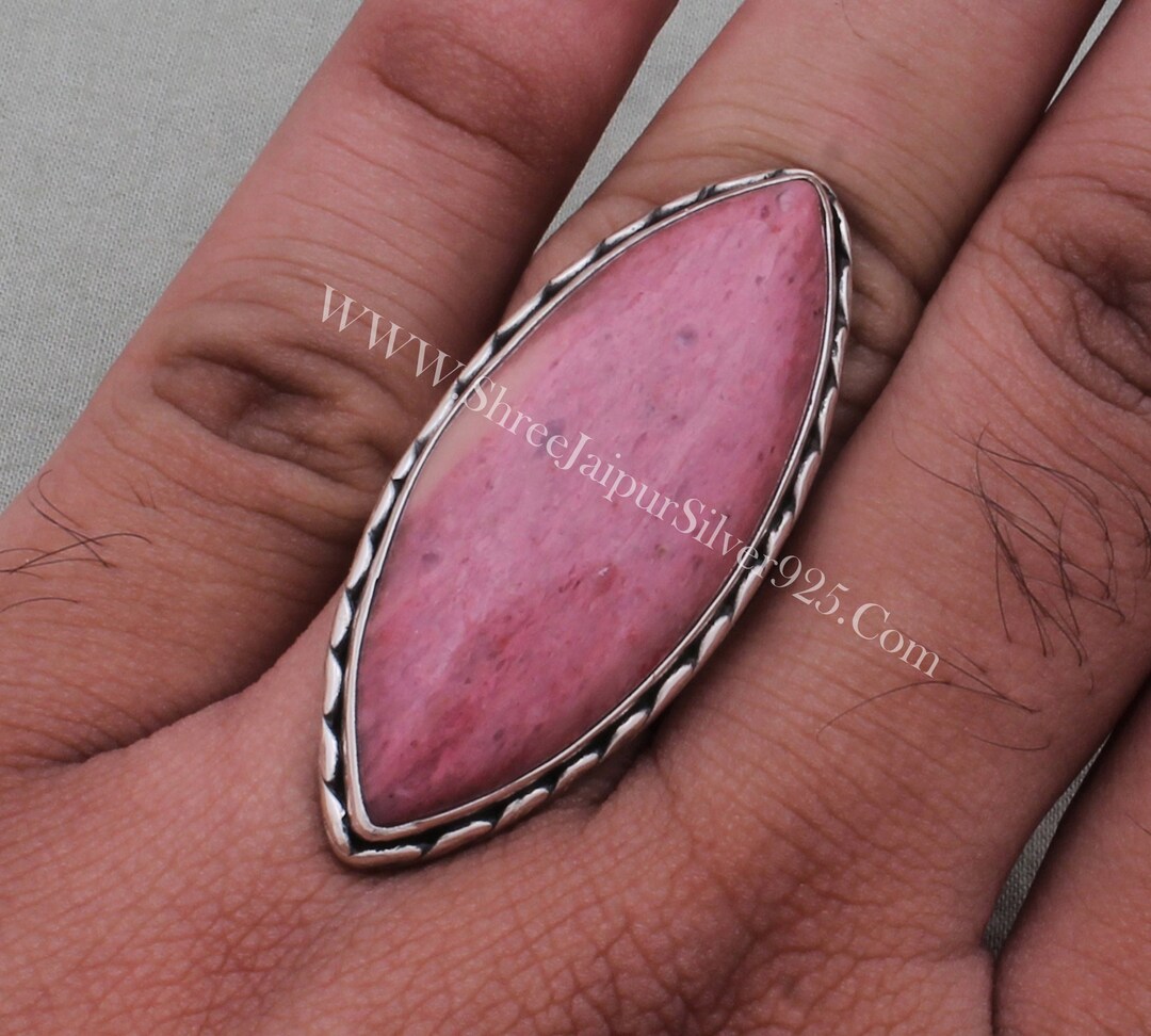 Natural Thulite Gemstone Silver Handmade Band Ring Long Marquise ...