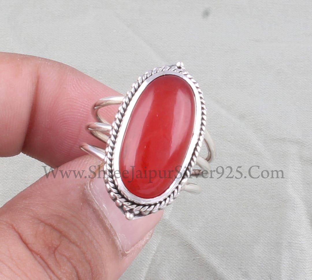 Long Oval Shape Gemstone Three Layer Ring, 925 Sterling Silver Big ...