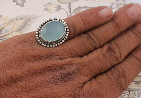 925 Sterling Solid Silver Ring Natural Aqua Chalcedony Oval | Etsy