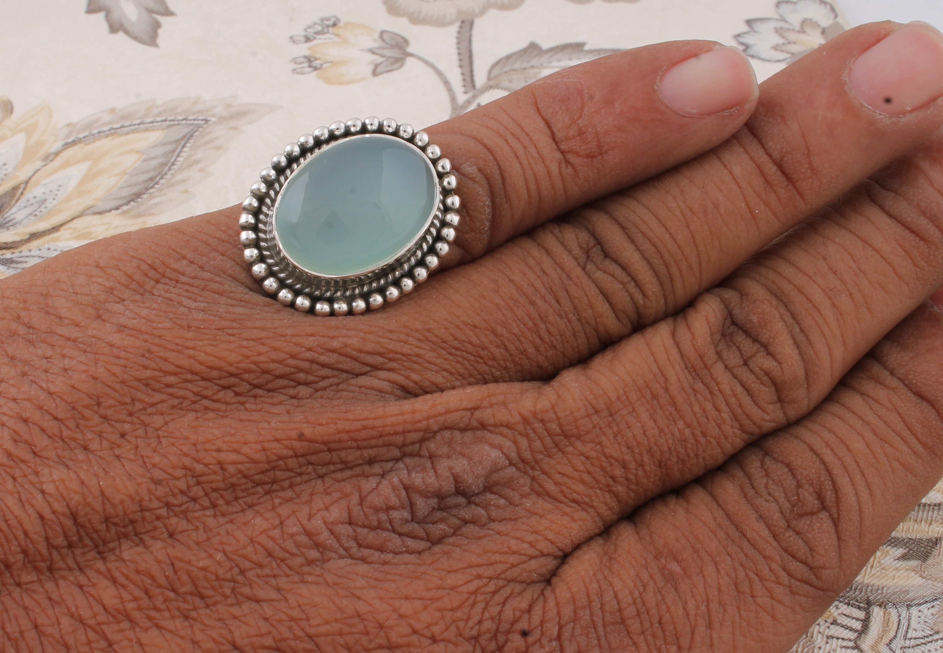925 Sterling Solid Silver Ring Natural Aqua Chalcedony Oval | Etsy