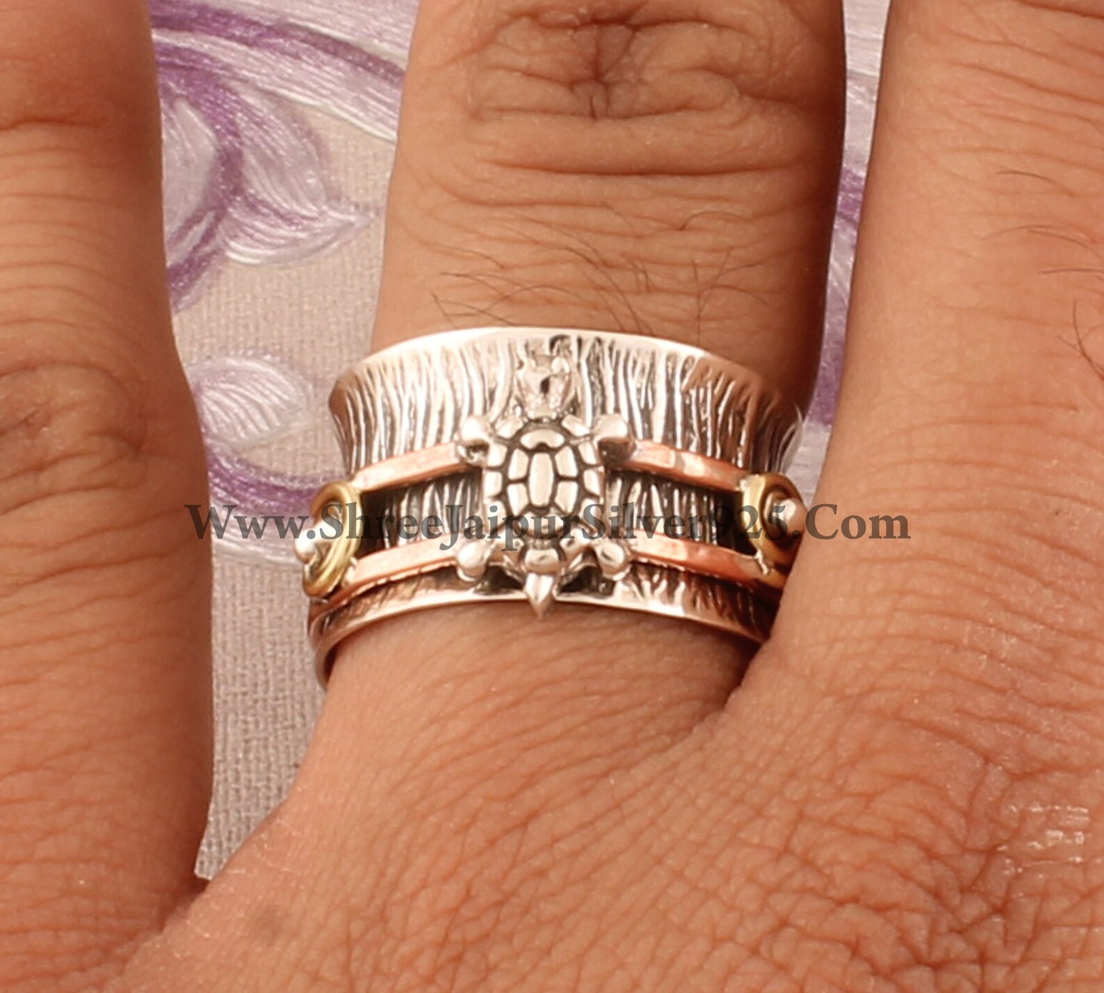 Turtle Solid Silver Textured Band Spinner Ring for Women 925 | Etsy