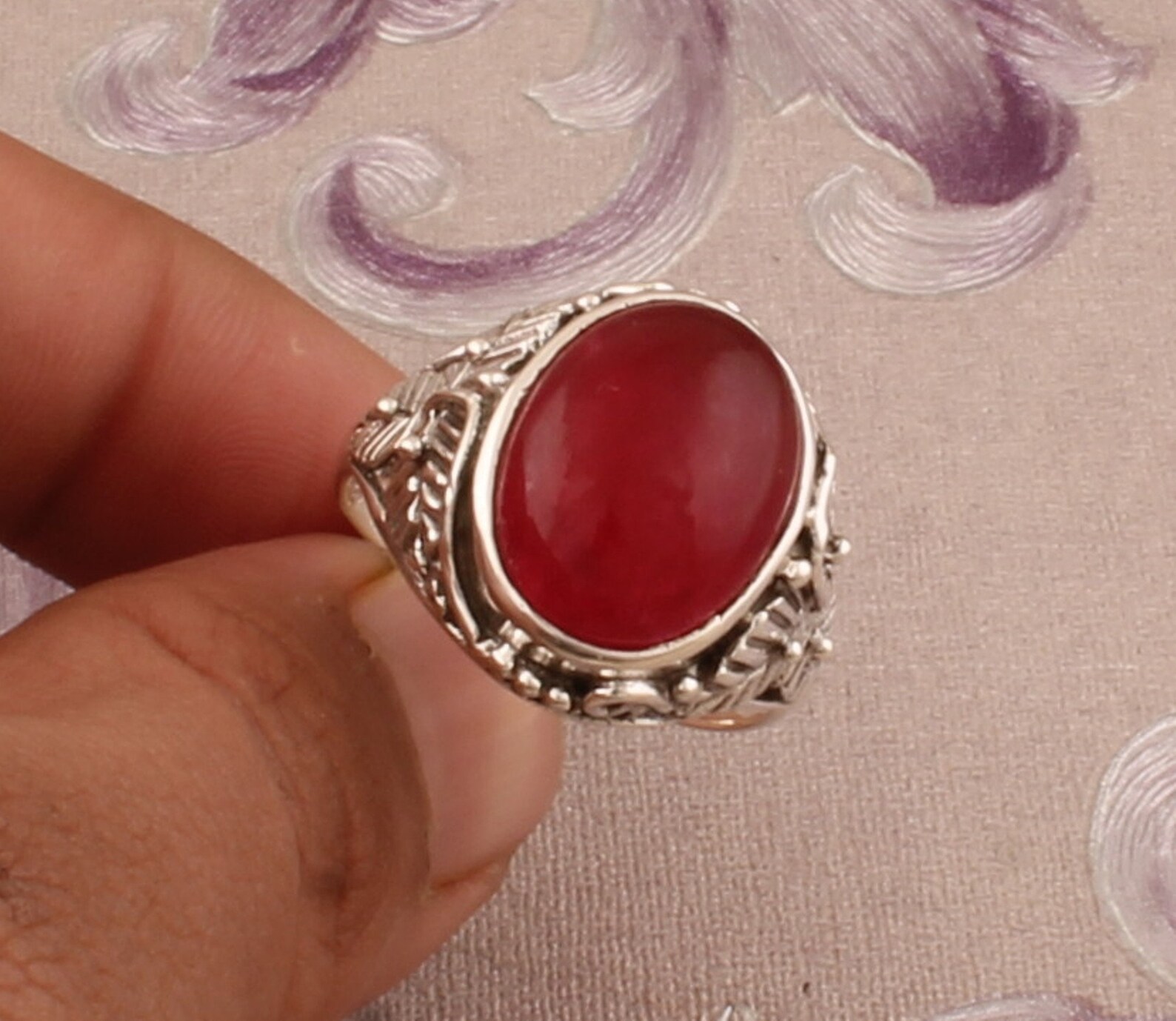 925 Sterling Silver Ruby Jade Oval Gemstone Ring Handmade | Etsy